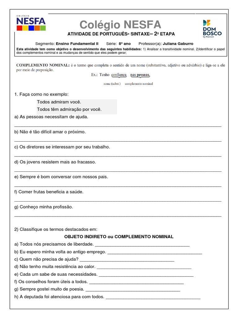 Exercício Complemento Nominal | PDF