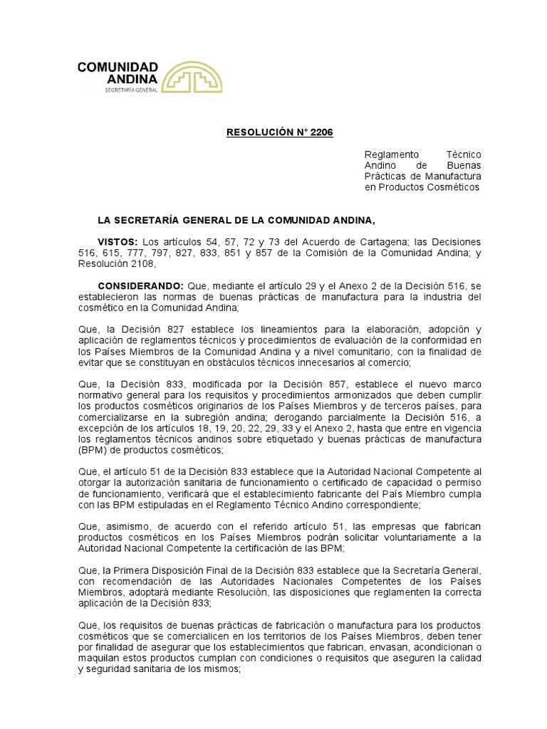 Reglamento BPM para Cosméticos Andinos | PDF | Calidad (comercial ...