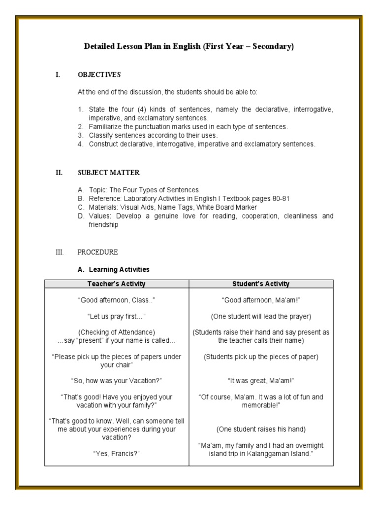 Detailed Lesson Plan in English (First Year - Secondary: I. Objectives ...
