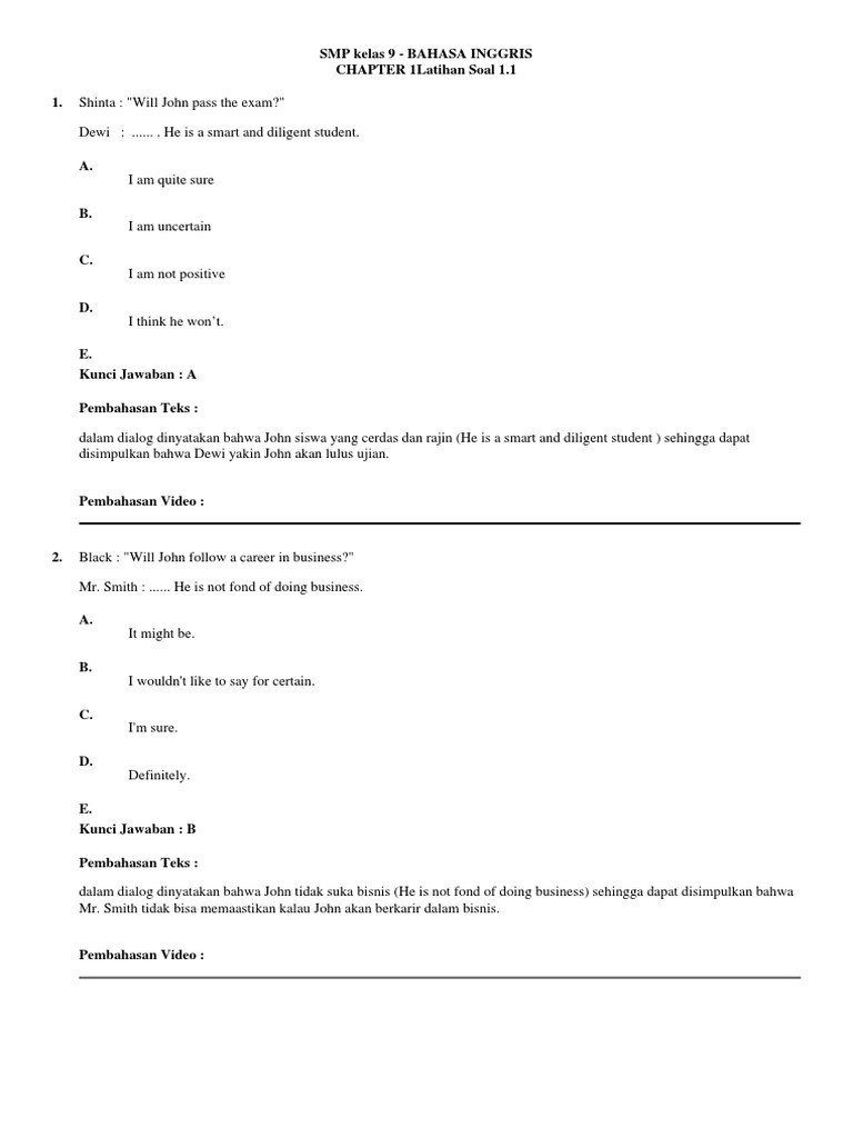 Smp Kelas 9 Bahasa Inggris Chapter 1latihan Soal 1 1 1 Pdf
