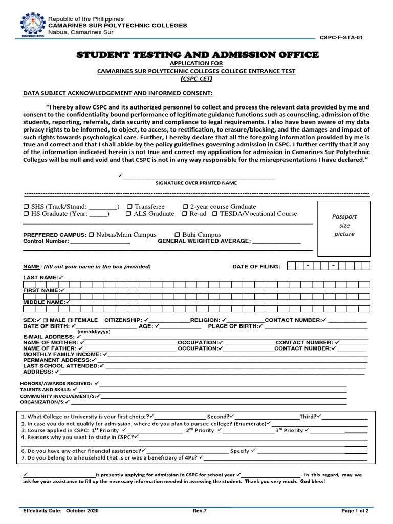 Application For CSPC-CET | PDF | Bachelor Of Science