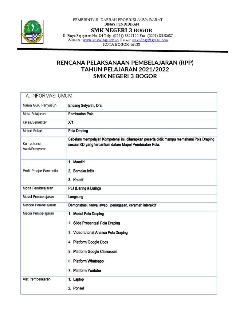 RPP Mapel Pembuatan Pola Draping + LKPD | PDF