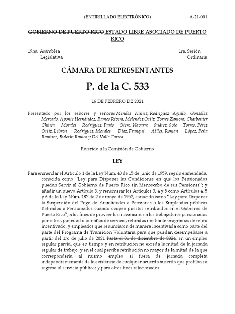 Proyecto de la Cámara 533 (PC 533) | PDF | Pensión | Puerto Rico