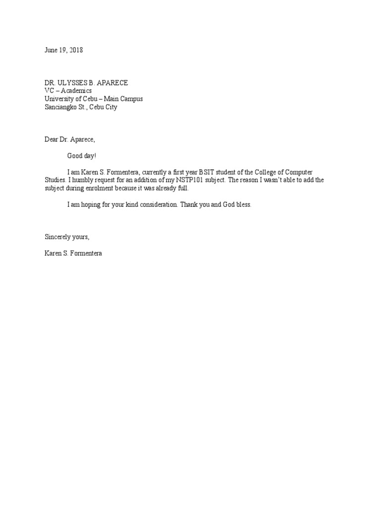 Letter For Adding Subject | PDF