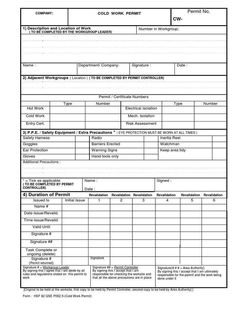 Cold Work Permit: (Location) | PDF | Personal Protective Equipment | Safety