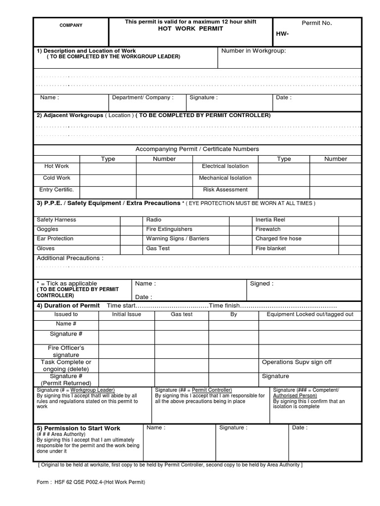 Hot Work Permit HW-: This Permit Is Valid For A Maximum 12 Hour Shift ...