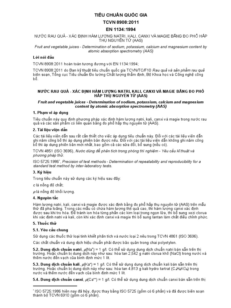 Tieu Chuan TCVN 8908 2011 Xac Dinh Natri Kali Canxi Magie Trong Nuoc Rau Cu | PDF