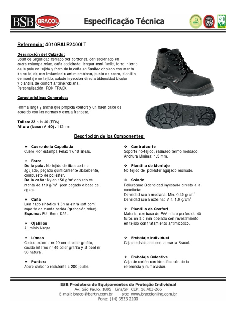 Ficha Técnica Botín de Seguridad Bracol | PDF | Tela no tejida | Materiales