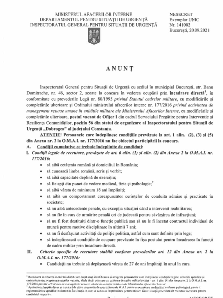 20.09.2021 Anunt Concurs Incadrare Directa Ofiter I SPIRC ISU Constanța | PDF