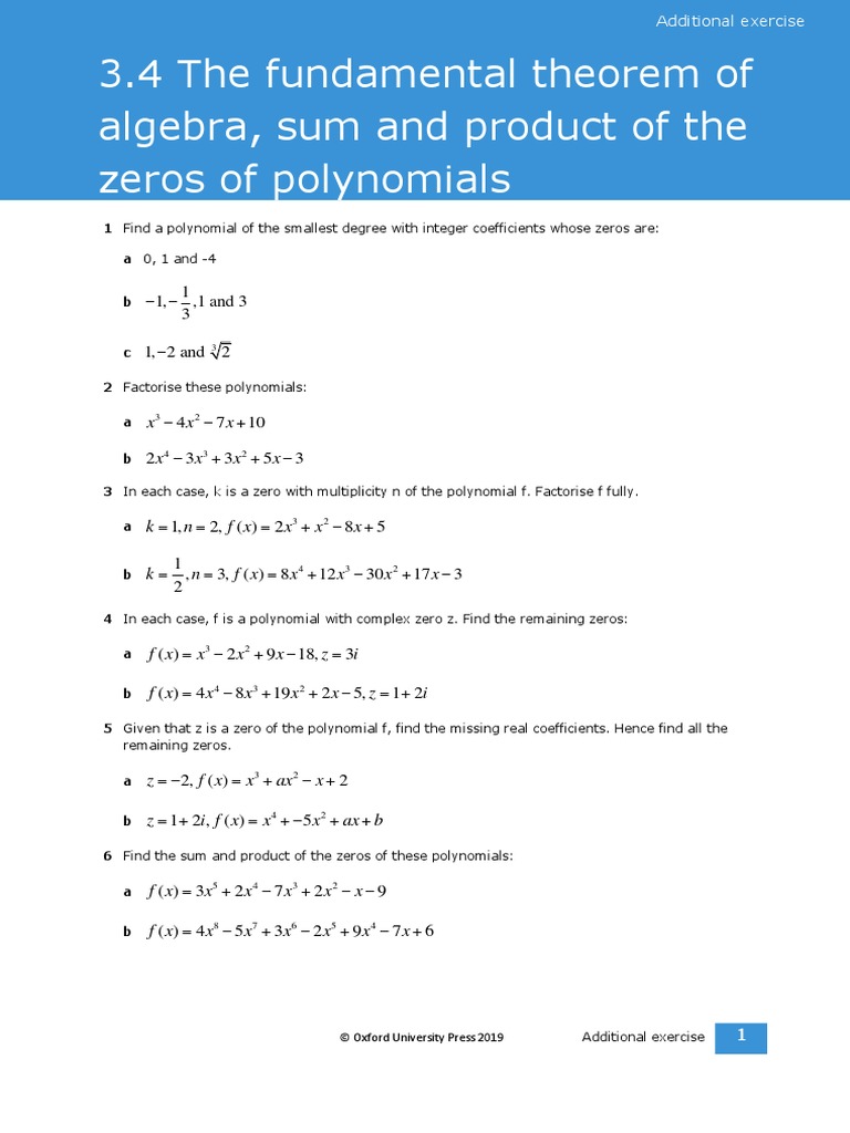 3.4 The Fundamental Theorem of Algebra, Sum and Product of The Zeros of Polynomials | PDF ...