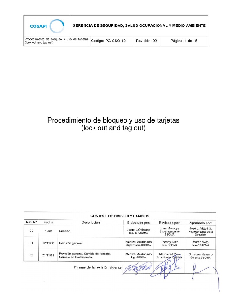 Procedimiento de Bloqueo y Uso de Tarjetas (Lock Out and Tag Out) | PDF ...