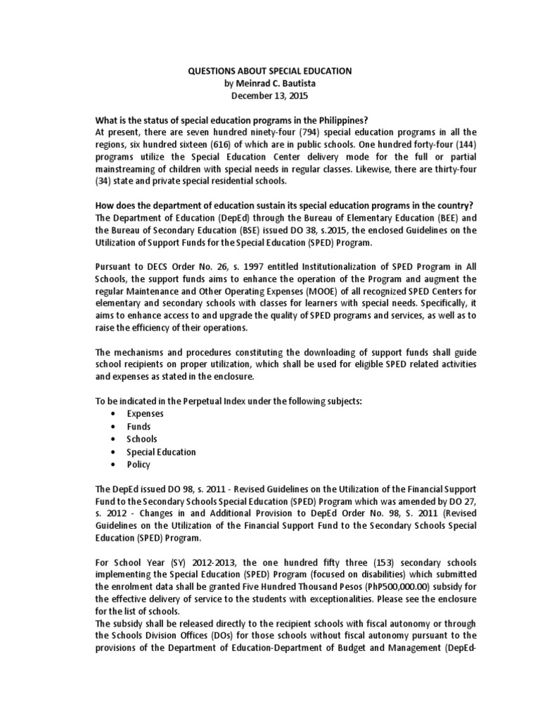 Questions About Special Education | PDF | Special Education | Inclusion ...