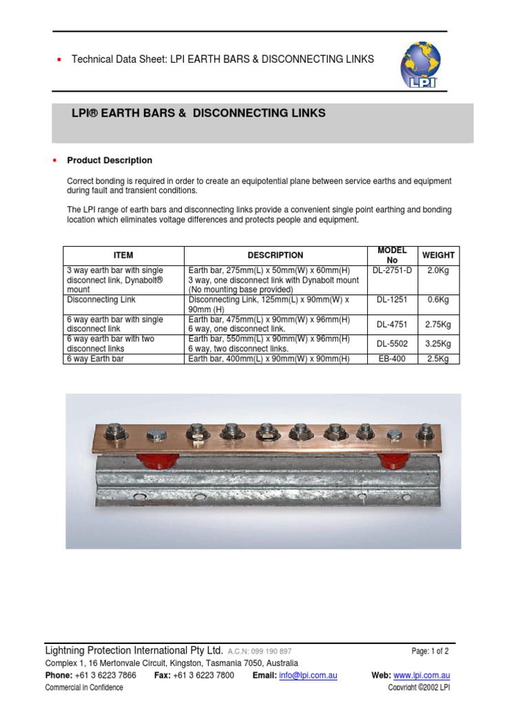 Technical Data Sheet: Lpi Earth Bars & Disconnecting Links | PDF ...