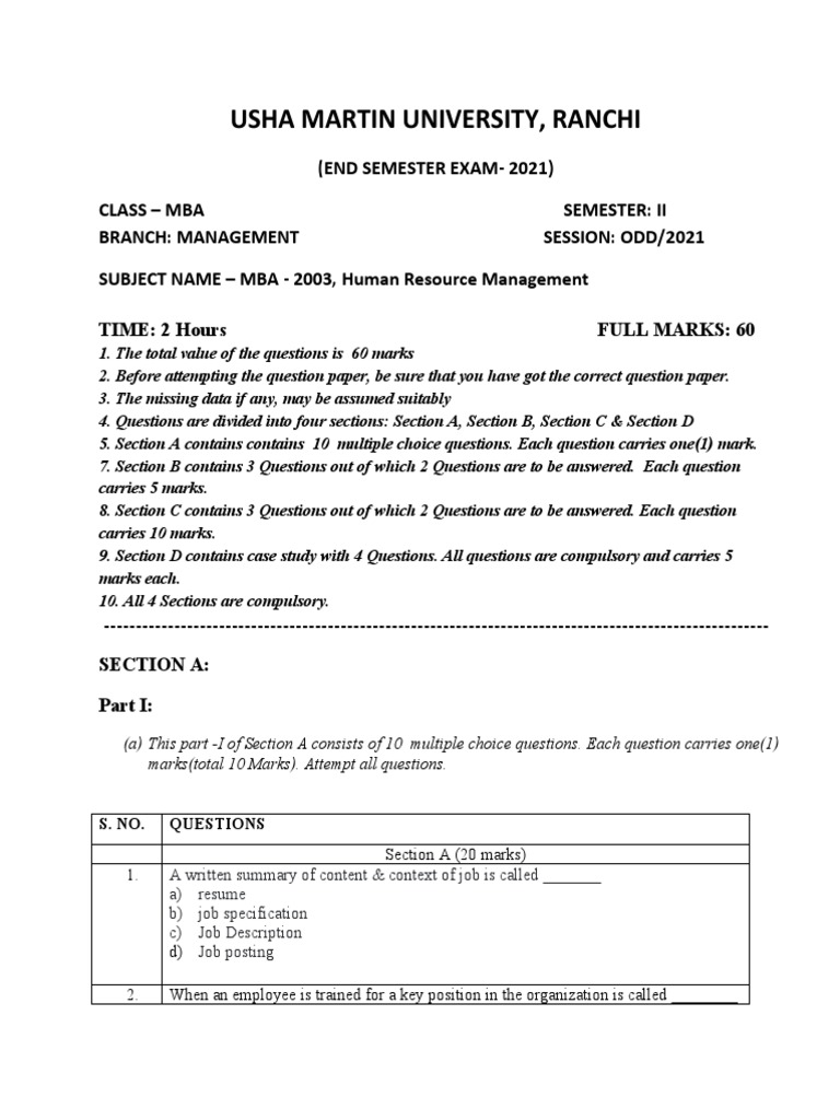 MBA HRM Exam Paper - Usha Martin University | PDF | Human Resource ...