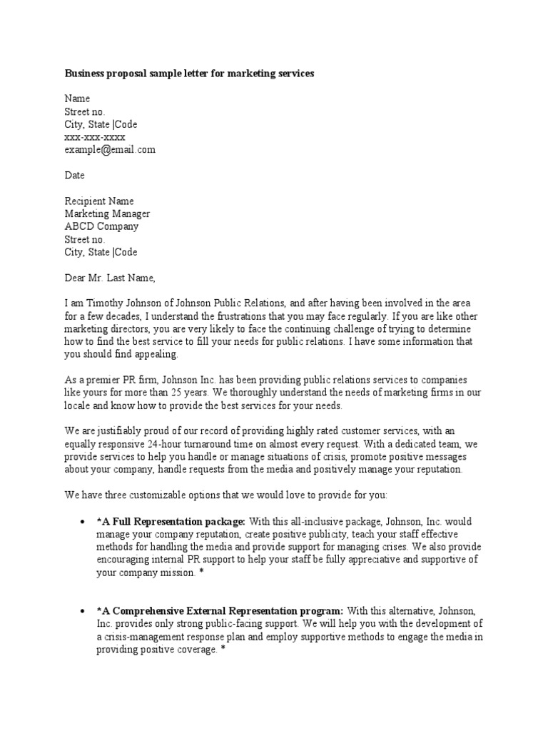 Business Proposal Sample Letter For Marketing Services | PDF | Crisis ...