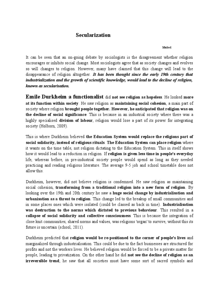 The Debate Over Secularization: Comparing the Views of Durkheim, Weber ...