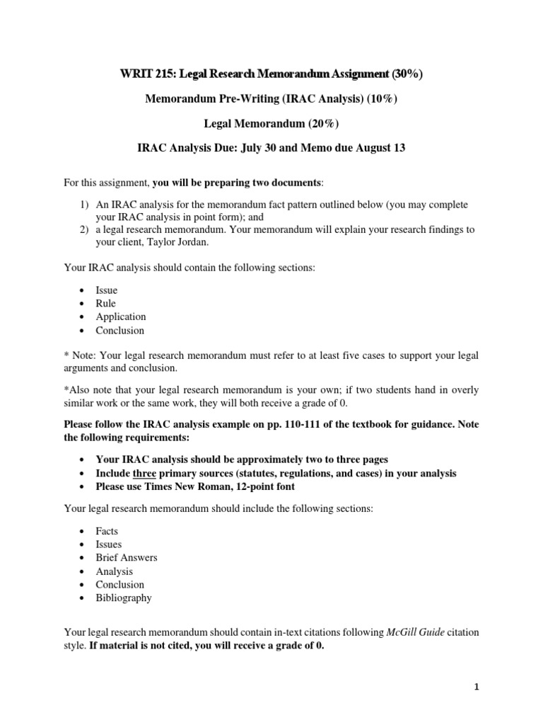 WRIT 215 IRAC and Memo Assignment Summer 2021-2 | PDF | Brief (Law ...