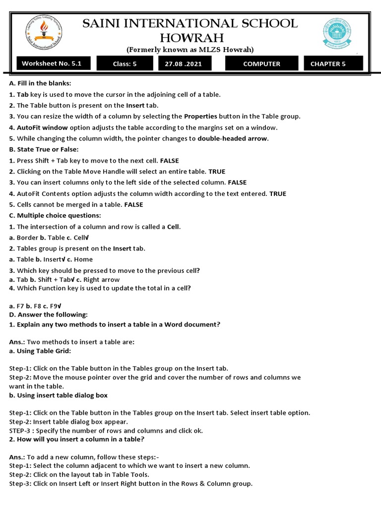 Class 5 Computer Worksheet on Tables | PDF | Cursor (User Interface ...
