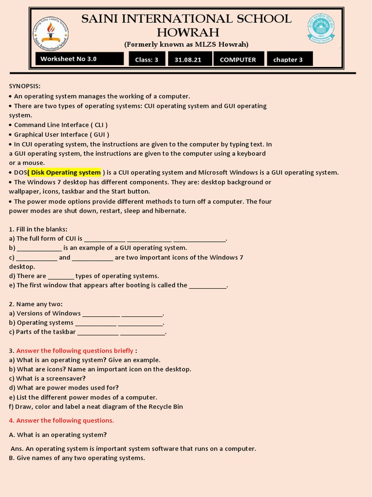 CLASS 3 COMPUTER - Worksheet 3.0 | Download Free PDF | Graphical User ...