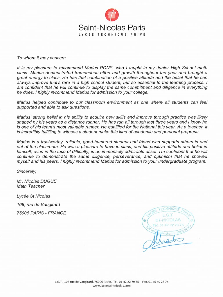 Math Teacher Letter of Recommendation | PDF