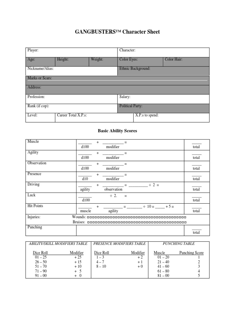 GANGBUSTERS™ Character Sheet: Basic Ability Scores | PDF