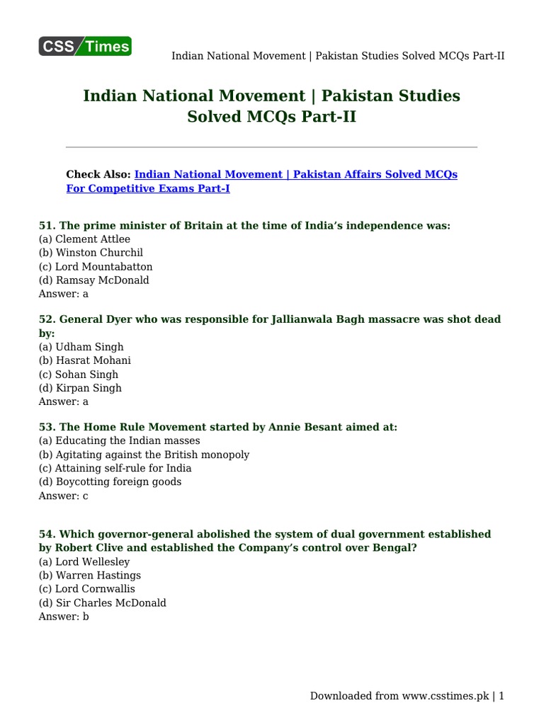 Indian National Movement - Pakistan Studies Solved MCQs Part-II | PDF ...