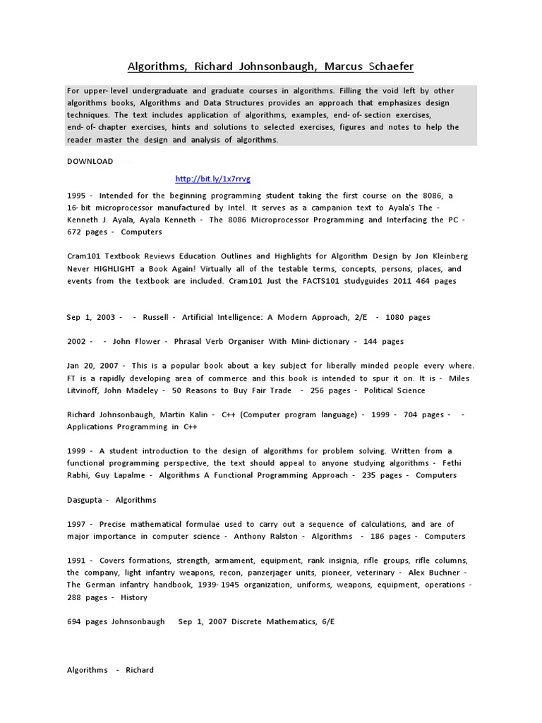 Algorithms, Richard Johnsonbaugh, Marcus Schaefer | PDF | Computer Programming | Algorithms