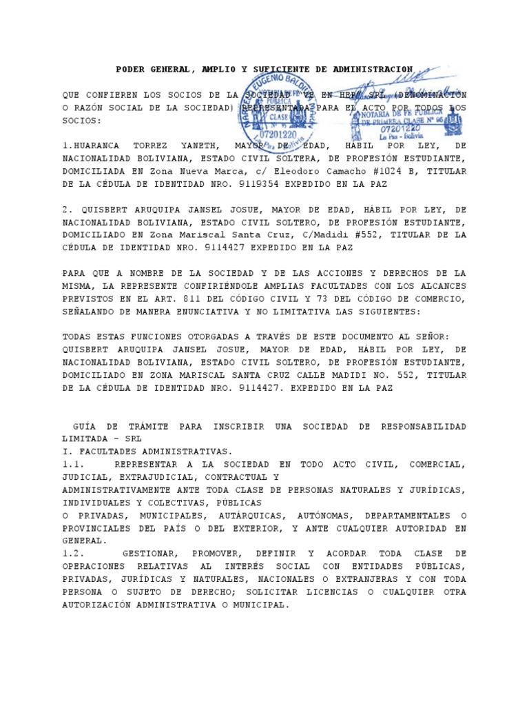 Poder General, Amplio y Suficiente de Administracion 25689 | PDF ...