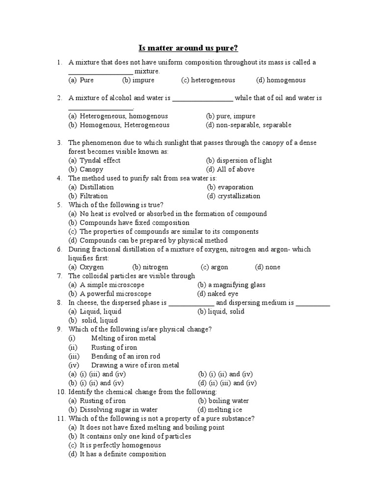 Is Matter Around Us Pure Class 9 Pdf Mixture Liquids