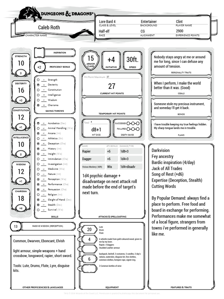 Caleb Roth: Lore Bard 4 Entertainer Clint Half-Elf CG 2900 | PDF