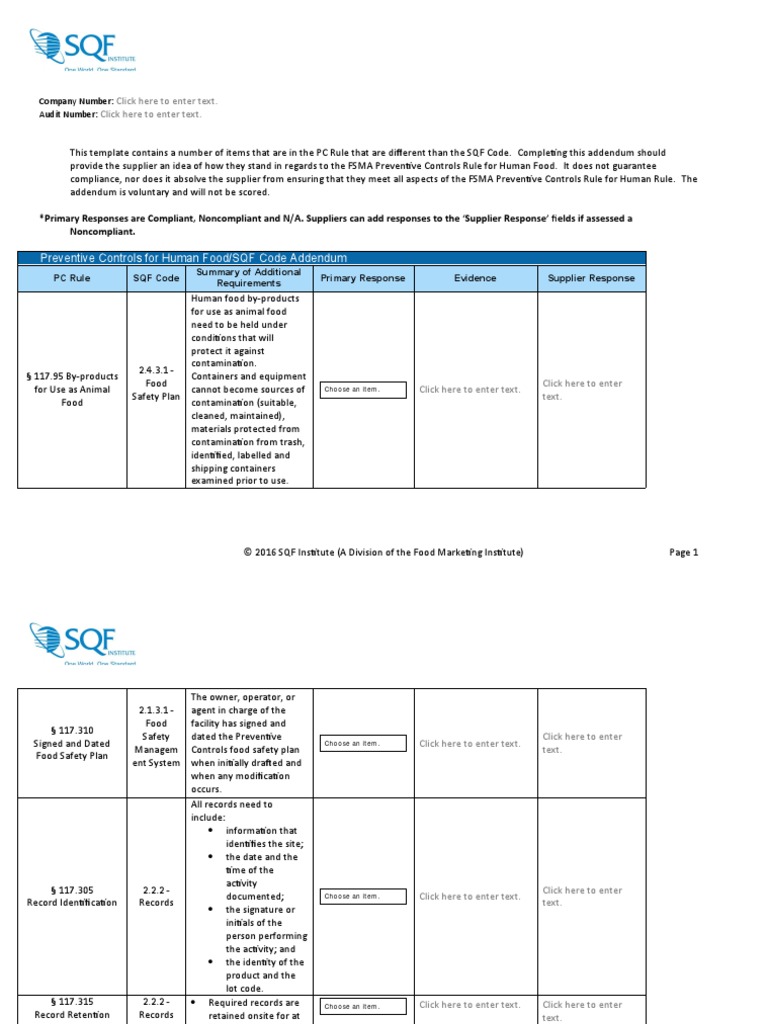 SQF Preventive Control Audit Checklist | PDF | Supply Chain | Foods