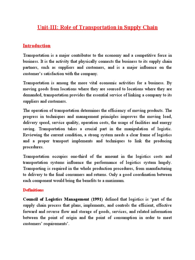 Unit III Role of Transportation in Supply Chain | PDF | Logistics ...