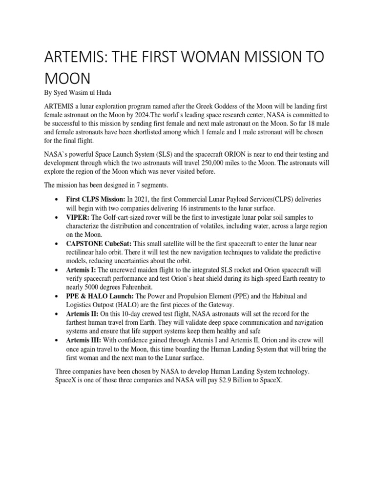Artemis: The First Woman Mission To Moon | PDF | Moon | Space Program ...