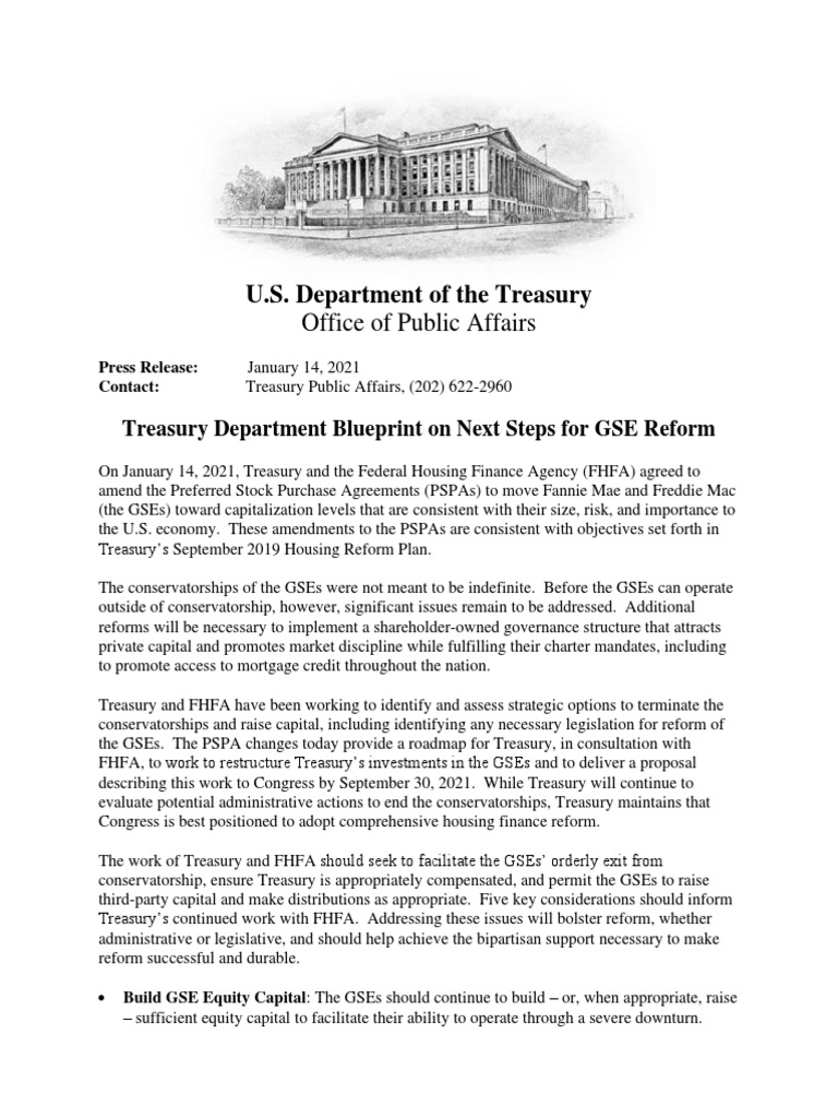 Jan 2021 Treasury Dept Blueprint For GSE Reform | PDF | Government ...