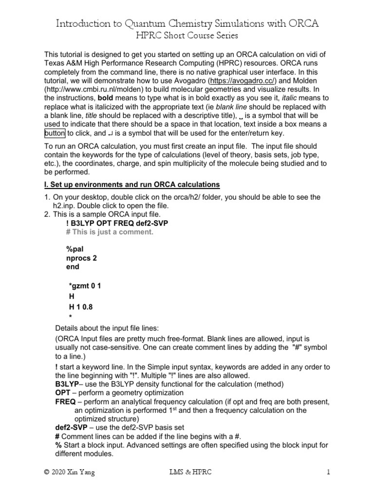 Introduction To Quantum Chemistry Simulations With ORCA: HPRC Short Course Series | PDF ...
