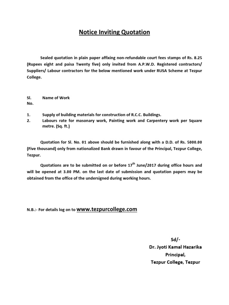 Notice Inviting Quotation: Sd/-Dr. Jyoti Kamal Hazarika Principal ...