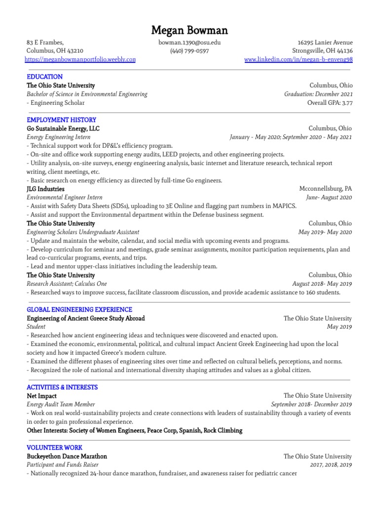 2021 Bowman Megan L Resume | PDF | Ohio State University | Engineering