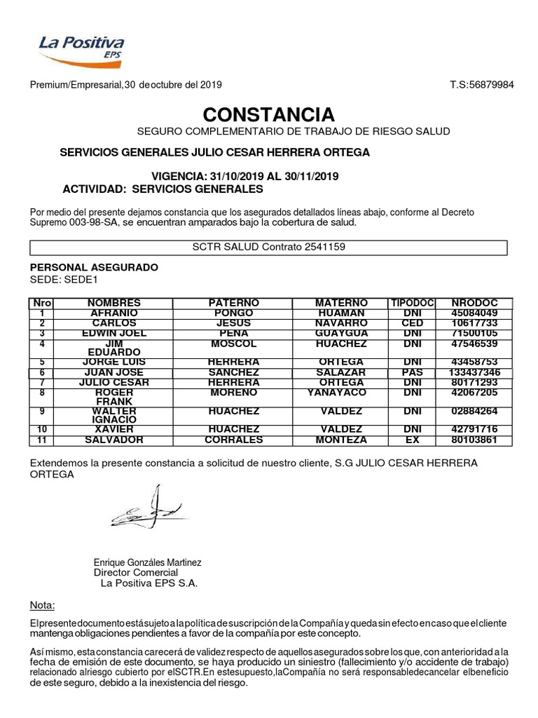 Contancia Julio Cesar Herrera SCTR | PDF