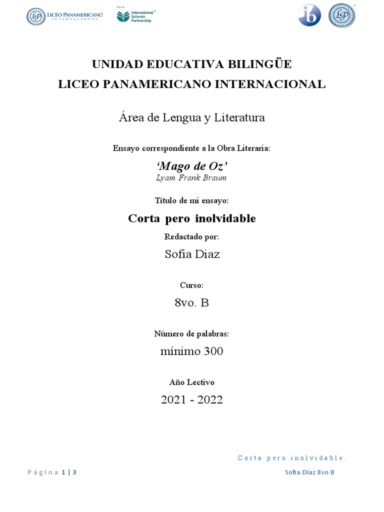 Sofia Diaz - Portada Del Primer Ensayo - Plan Lector - 8vo | PDF