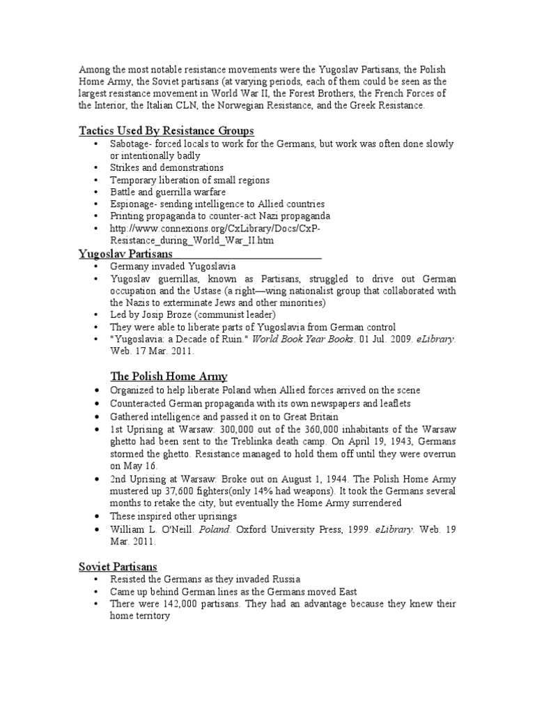 Tactics Used by Resistance Groups | PDF | Resistance During World War ...