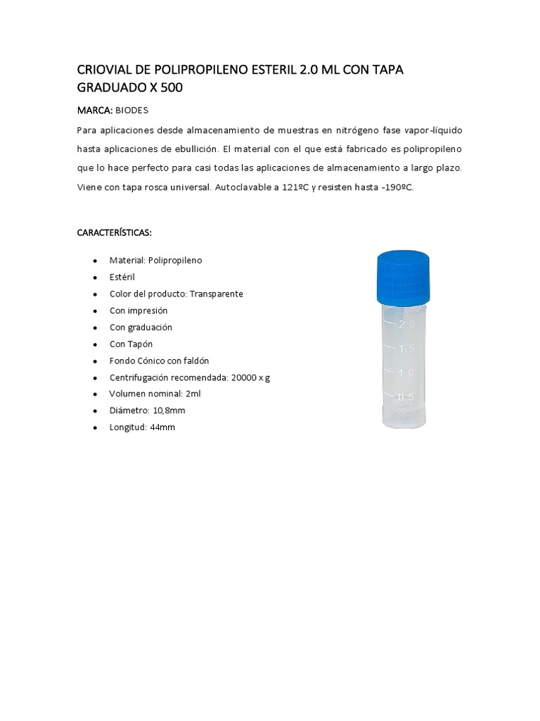 Criovial Estéril 2.0 ml de Polipropileno | PDF | Hogar, jardinería y ...