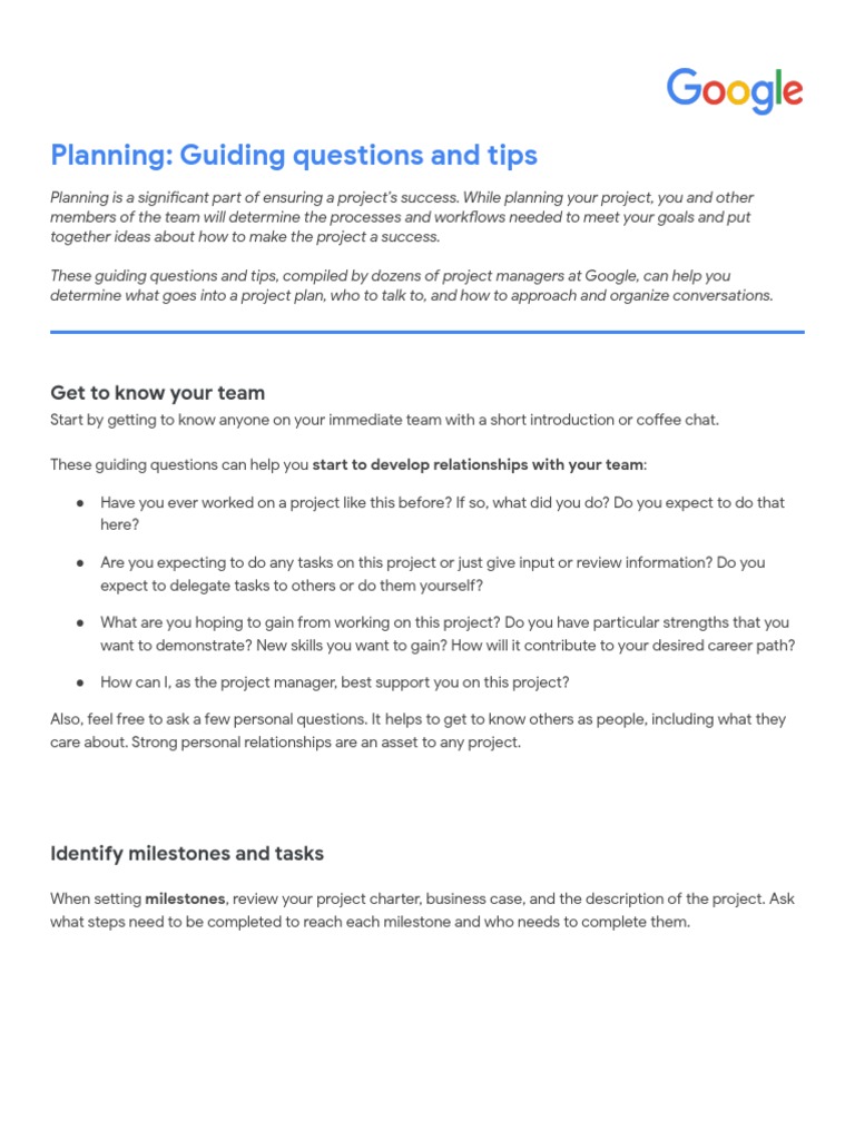 Planning: Guiding Questions and Tips: Get To Know Your Team | PDF ...