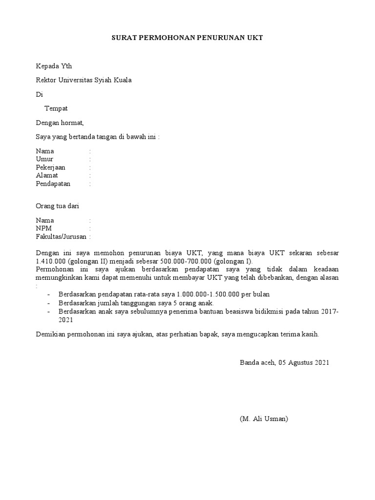Surat Permohonan Penurunan Ukt | PDF