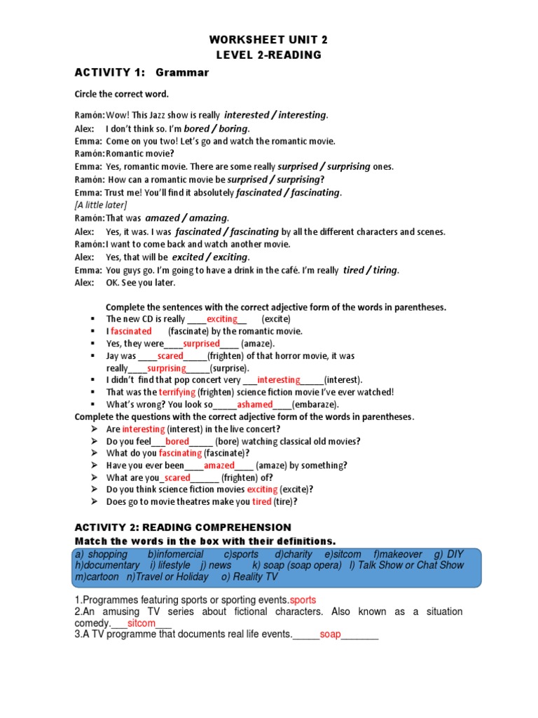 Interested / Interesting Bored / Boring: Worksheet Unit 2 Level 2 ...