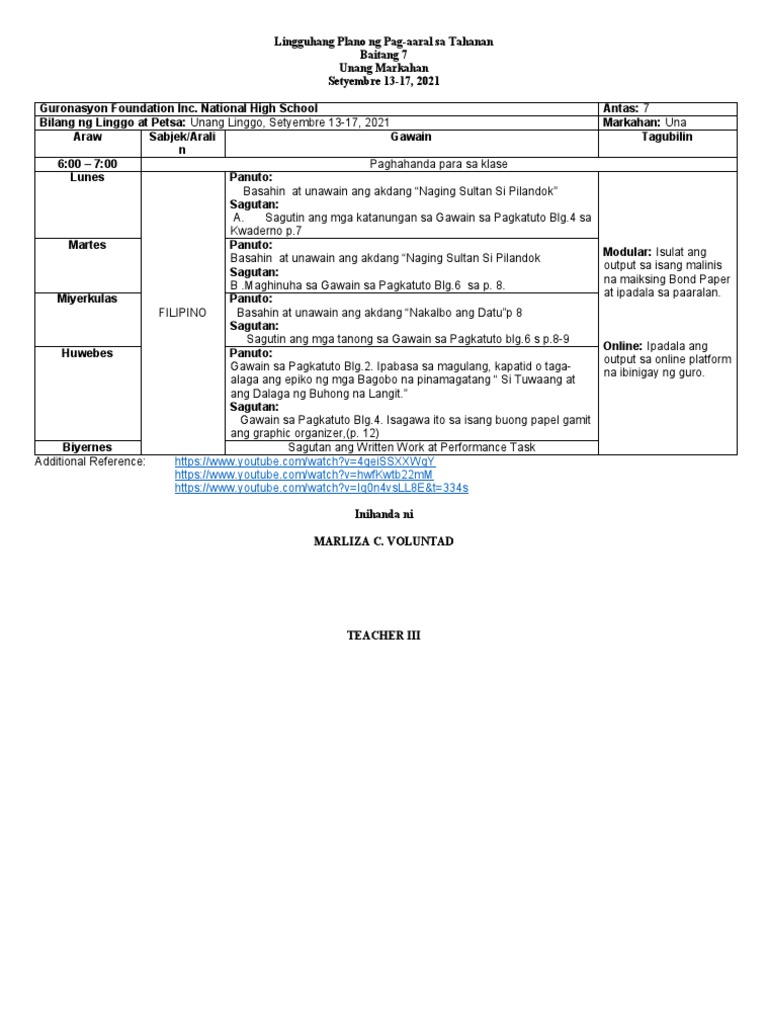 Filipino 7 1q WHLP Linggo 1 2 | PDF