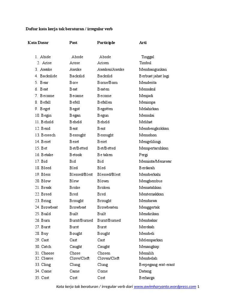 Kata Kerja Tak Beraturan / Irregular Verb Dari | PDF