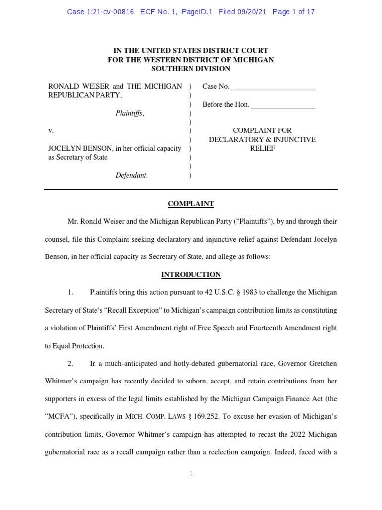 RONALD WEISER and THE MICHIGAN REPUBLICAN PARTY, Plaintiffs, v. JOCELYN ...