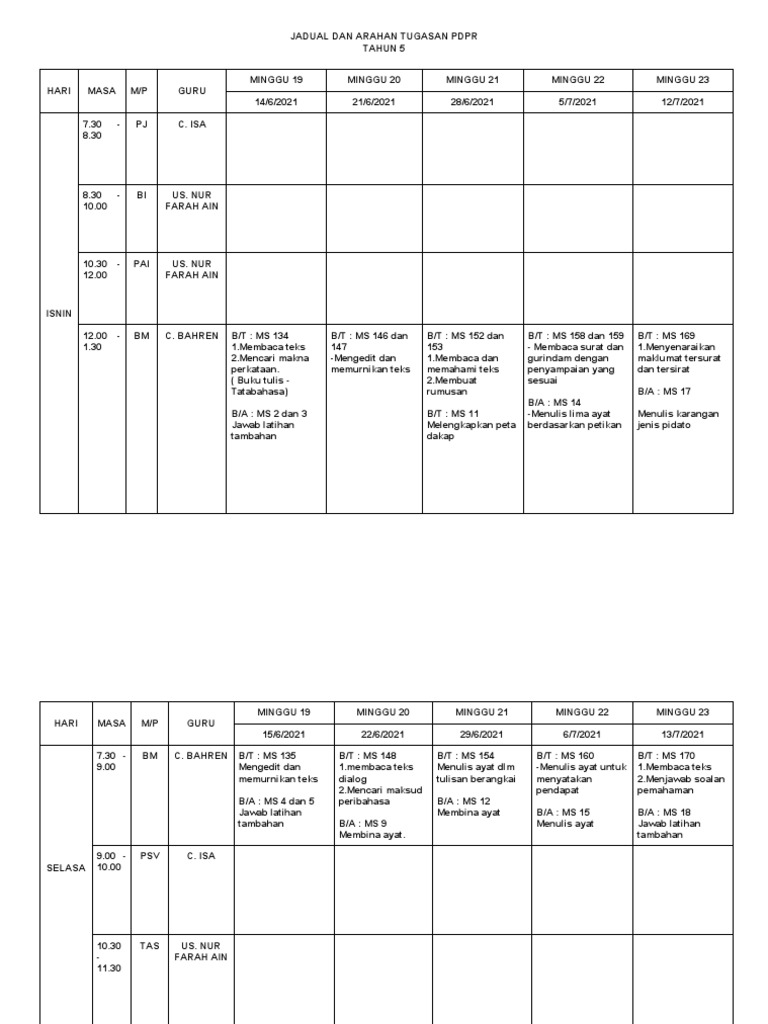 Jadual Dan Arahan Tugasan PDPR Tahun 5 | PDF