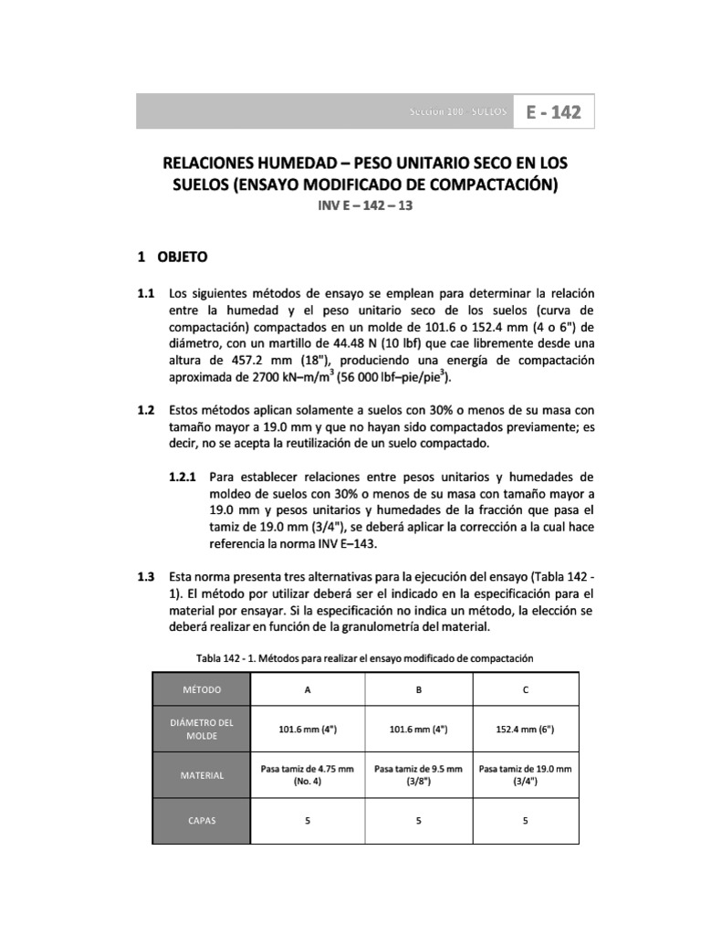 Ensayo Compactación Suelos INV E-142 | PDF | Densidad | Agua