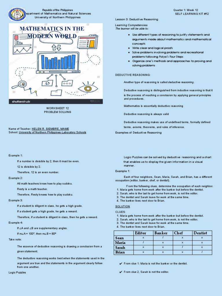 MMW Worksheet 3.2 - Problem Solving - Deductive Resoning | PDF | Deductive Reasoning | Reason